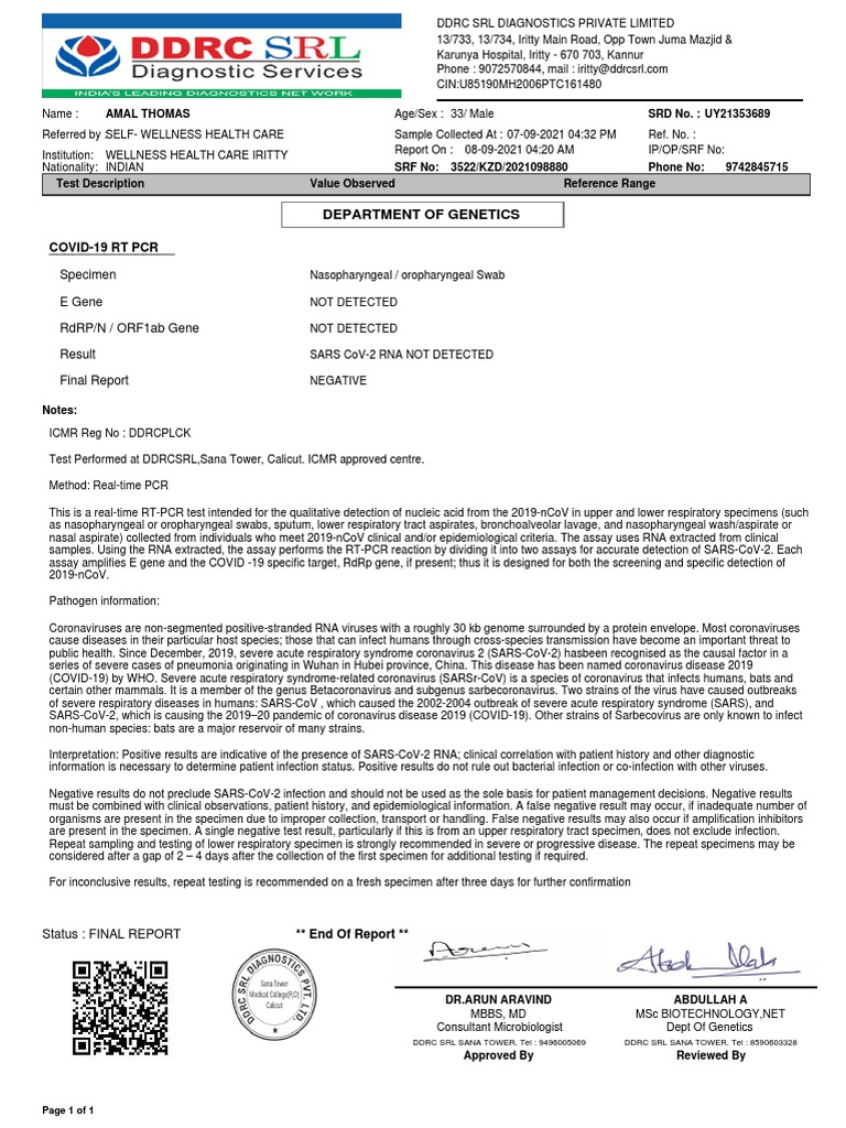 COVID-19 RT-PCR Test Report - Negative | PDF | Infection | Microbiology