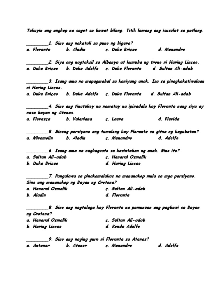 Florante at Laura - Filipino Mock Test | PDF