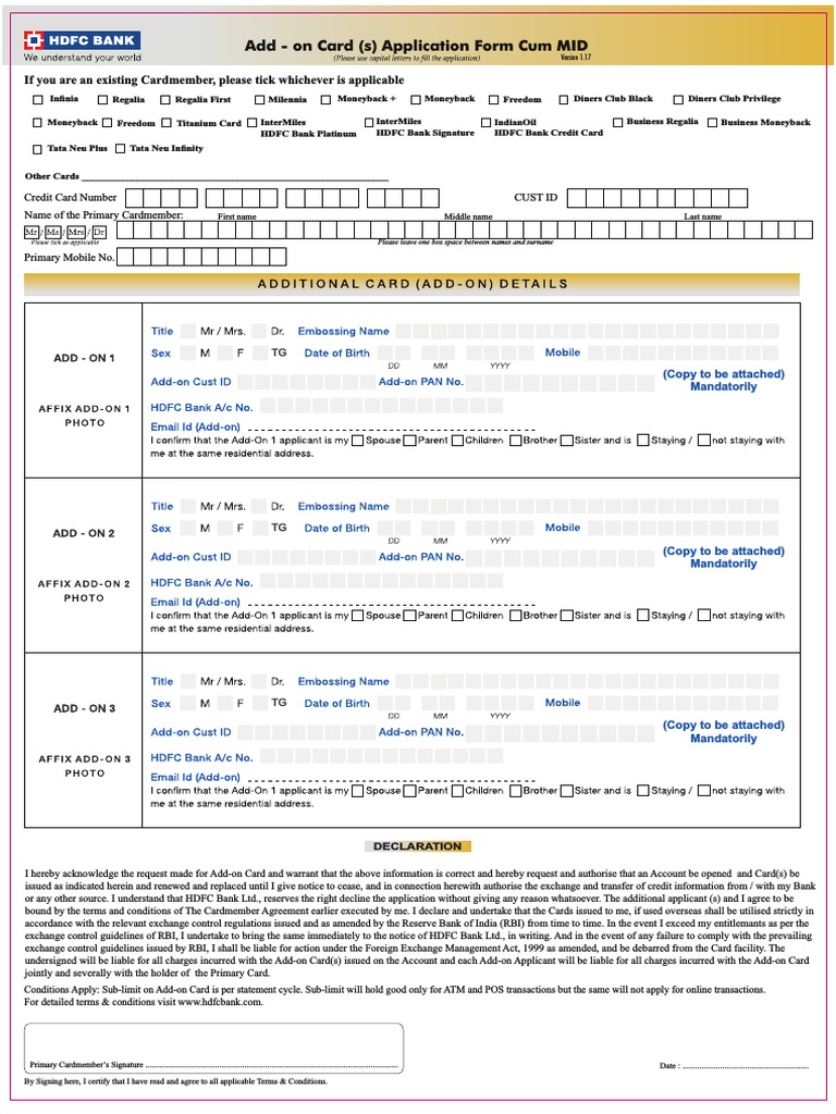 Add - On Card (S) Application Form Cum MID: If You Are An Existing ...