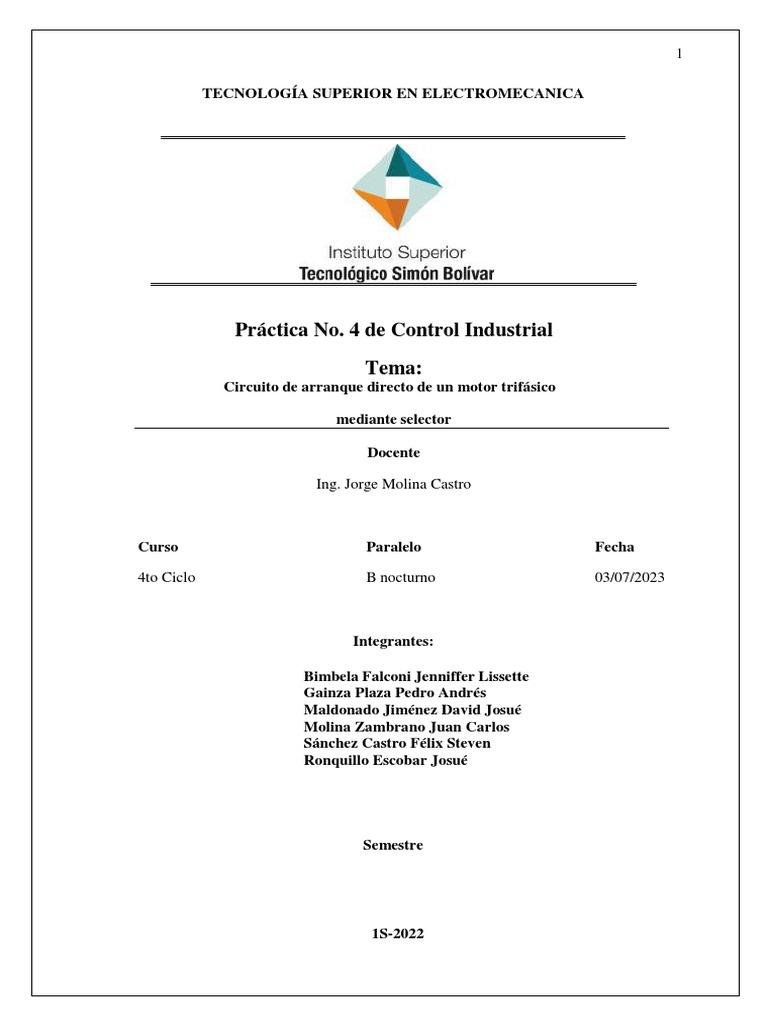 Práctica No. 4 Control CIRCUITO DE ARRANQUE DIRECTO DE UN MOTOR TRIFASICO MEDIANTE SELECTOR ...