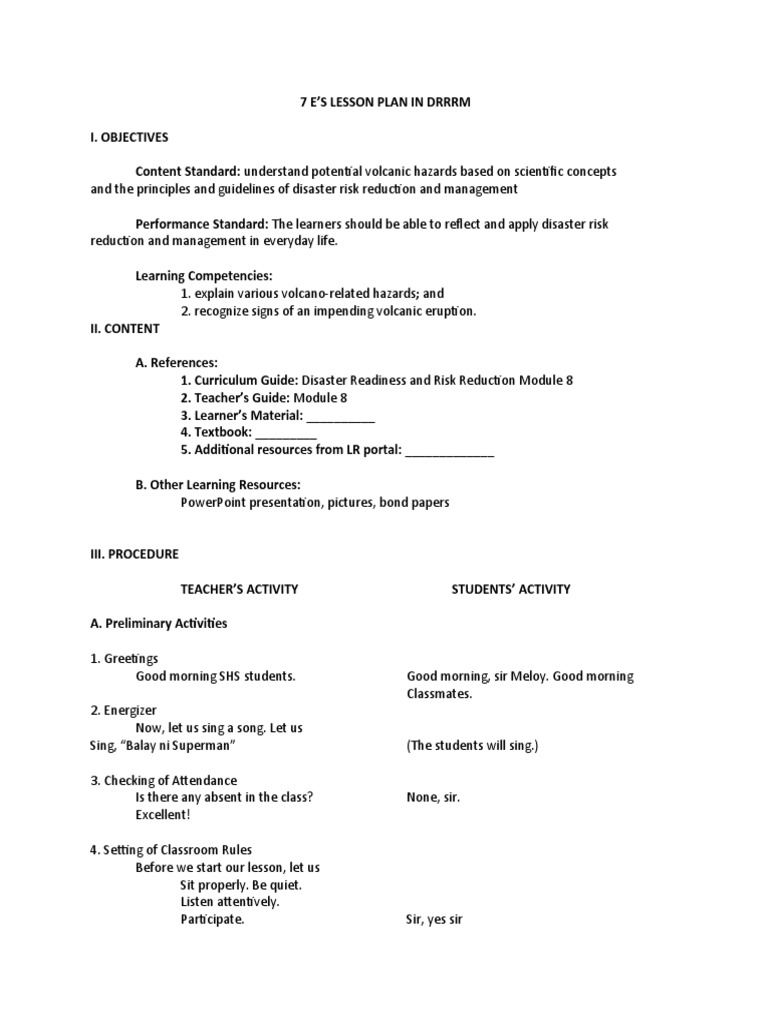 7 E's Lesson Plan DRRM Volcano | PDF | Volcano | Types Of Volcanic ...
