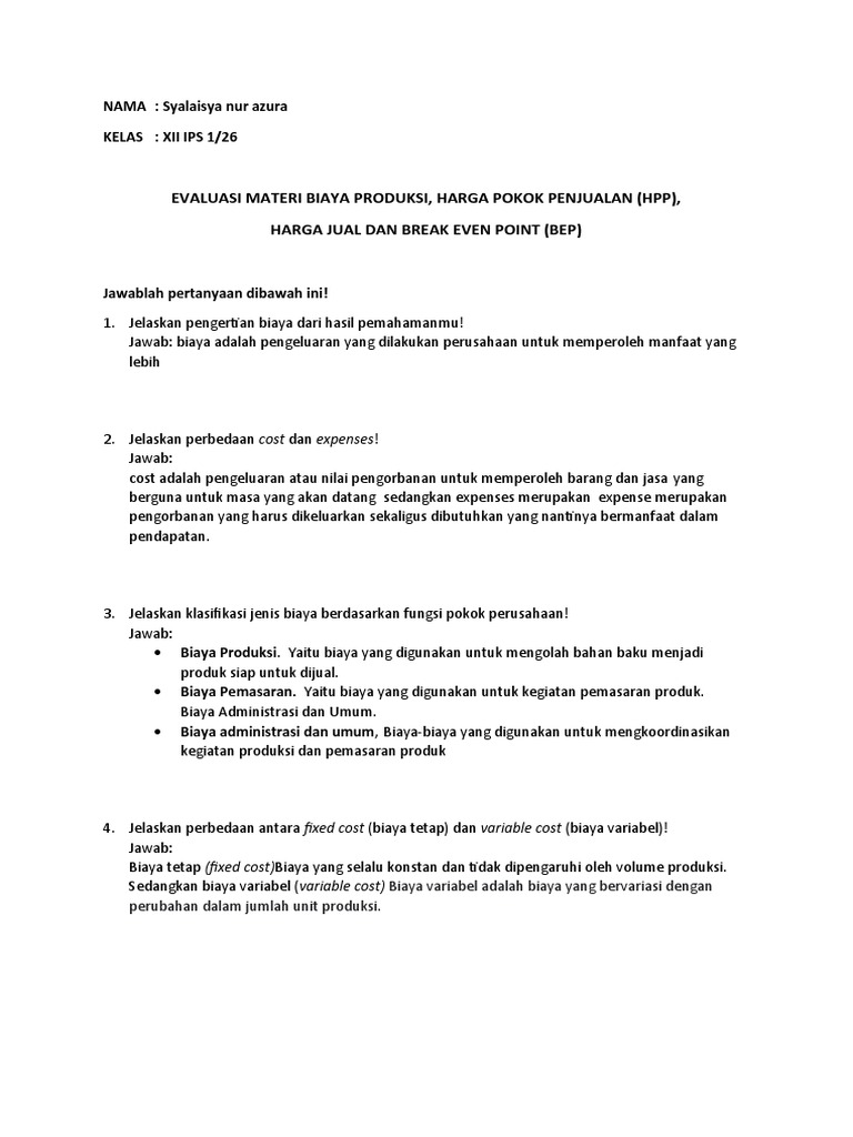 Evaluasi Materi Biaya Produksi, HPP, Price Dan Bep-1 | PDF
