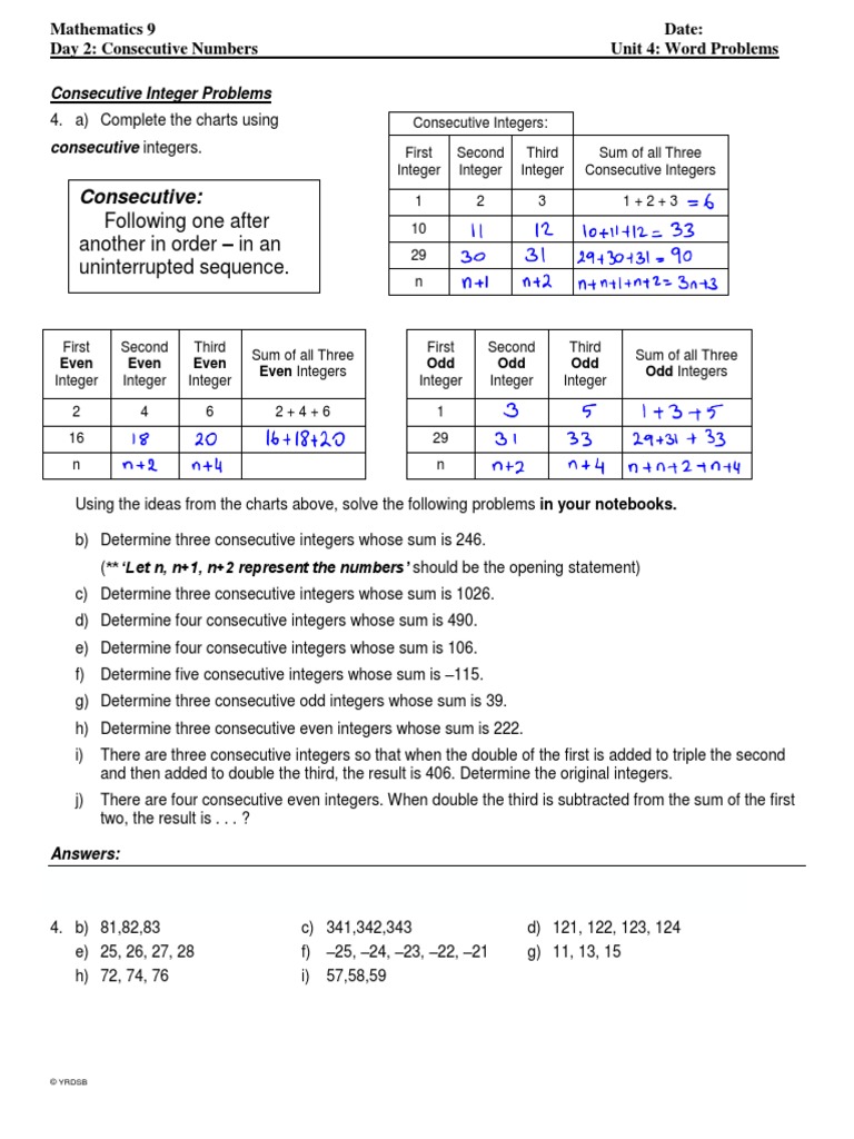 Consecutive Numbers Solutions | PDF | Integer | Arithmetic