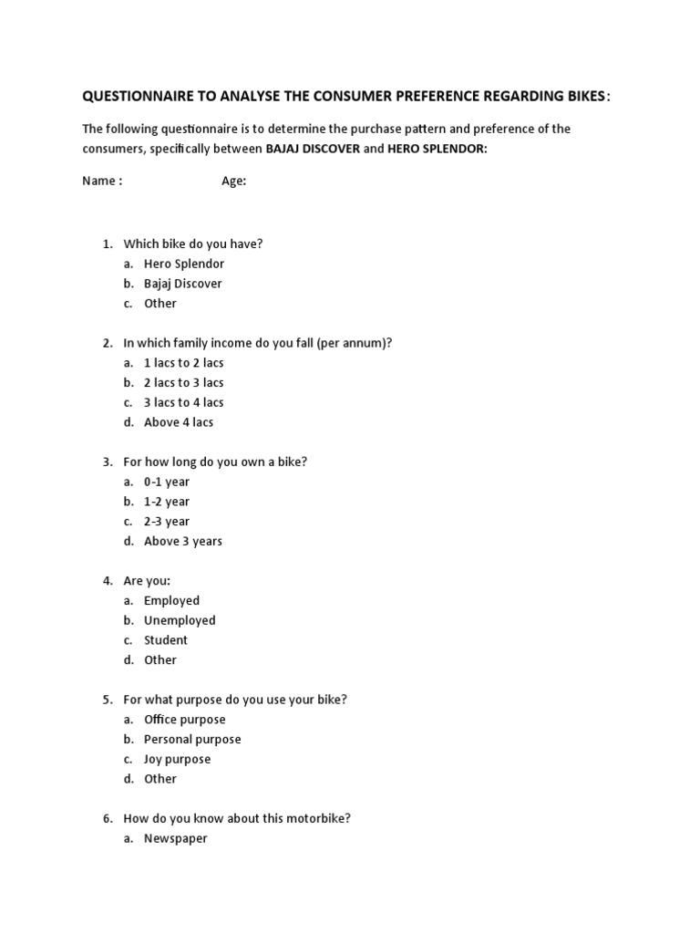 Questionnaire To Analyse The Consumer Preference Regarding Bikes | PDF
