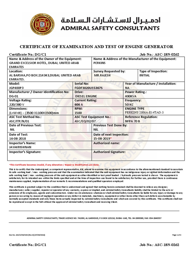 Certificate of Examination and Test of Engine Generator: Certificate No ...