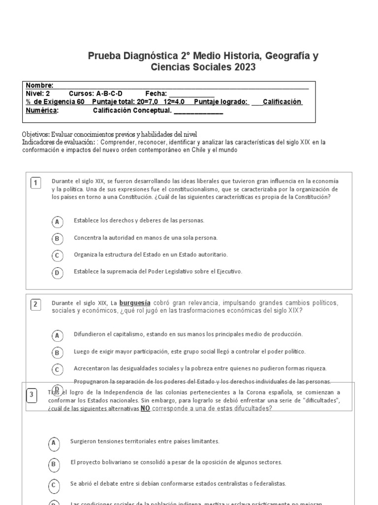 Prueba Diagnóstica Historia 2° Medio 2023 | PDF | Chile | Dinero