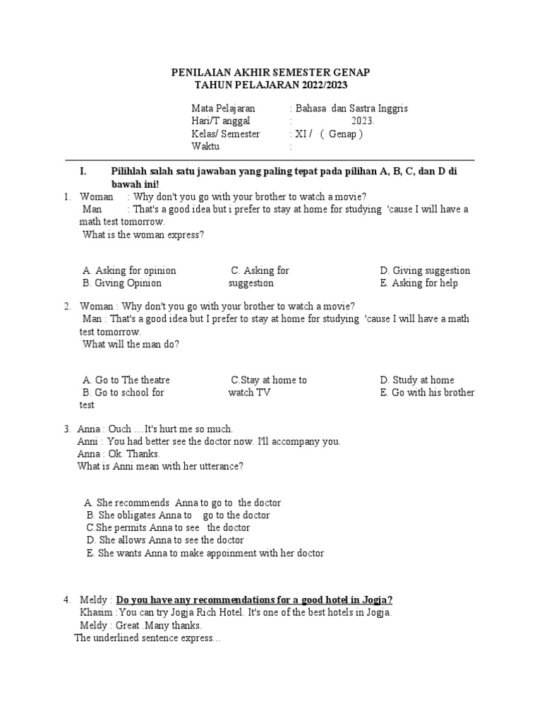 Pas Genap Sastra Inggris Kelas Xi | PDF | English Language | Human ...