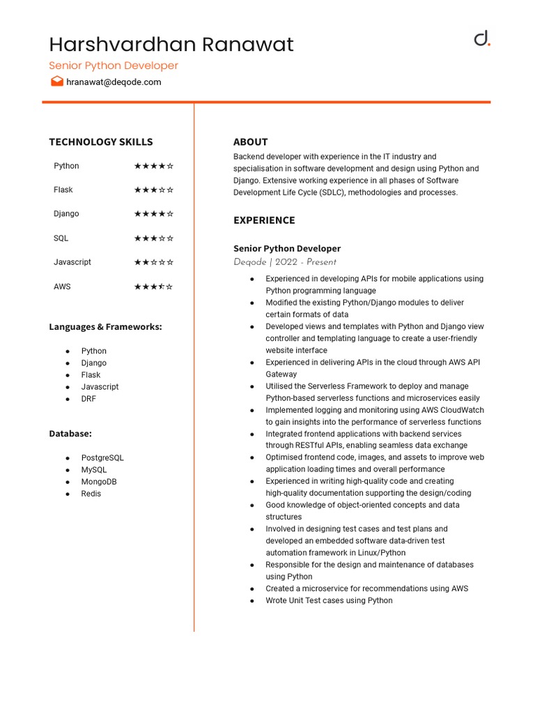 Harshvardhan Ranawat Senior Python Developer Pdf Python Programming Language Software