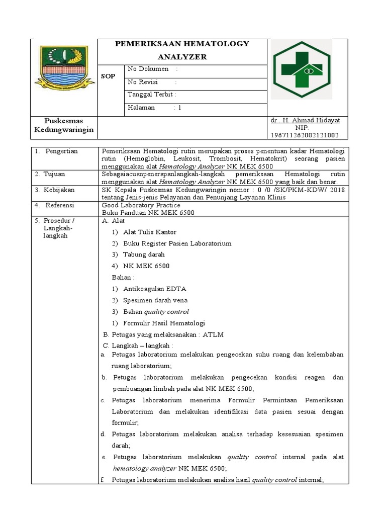 SOP PEMERIKSAAN Hematology Analyzer | PDF