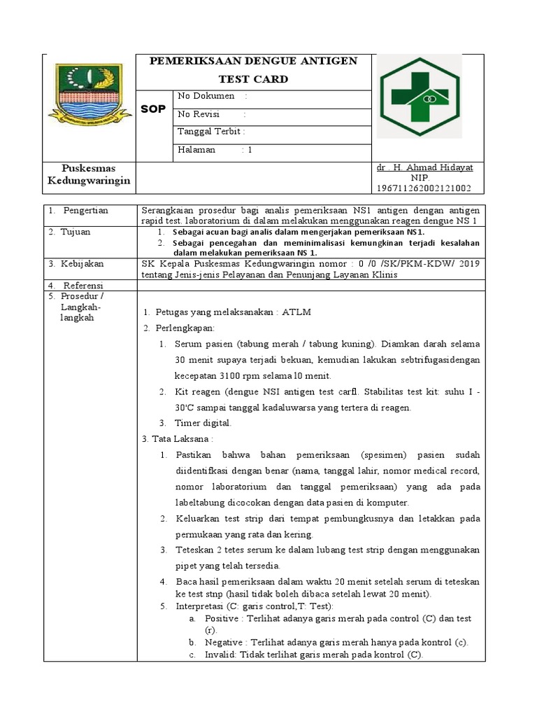SOP PEMERIKSAAN DENGUE Ig G Ig M | PDF