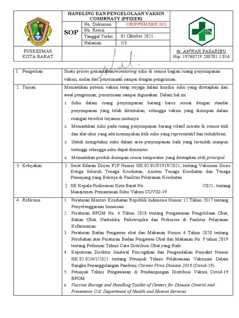 SOP Handling dan Pengelolaan Vaksin Comirnaty (Pfizer) | PDF