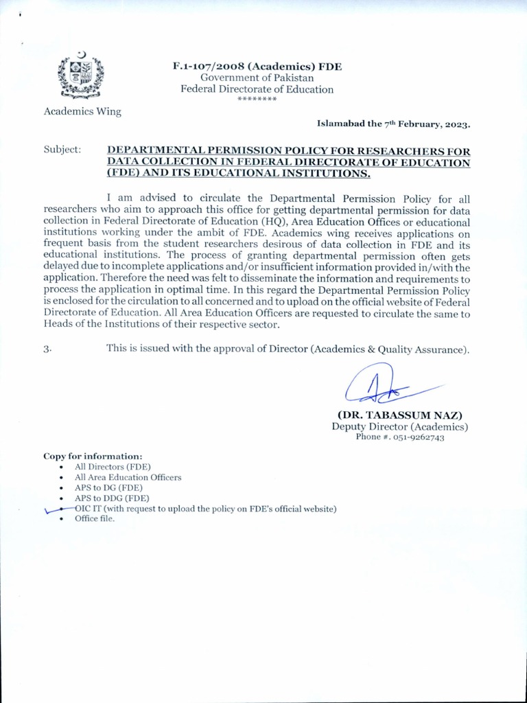 Departmental Permission Policy For Researchers For Data Collection in ...