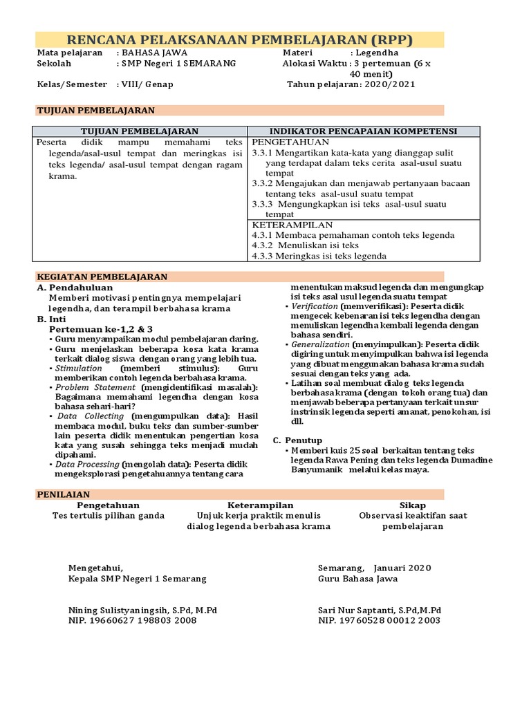 Rencana Pelaksanaan Pembelajaran (RPP) : Tujuan Pembelajaran Tujuan ...