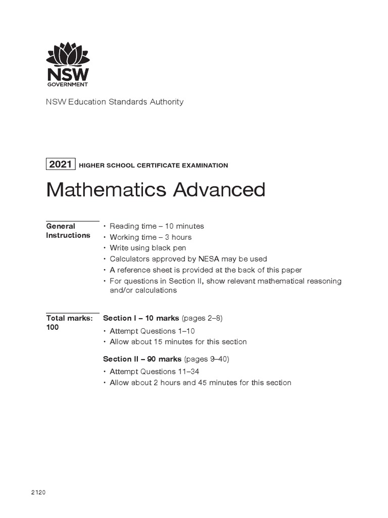 2021 HSC Mathematics Advanced | PDF | Mathematical Analysis | Applied ...