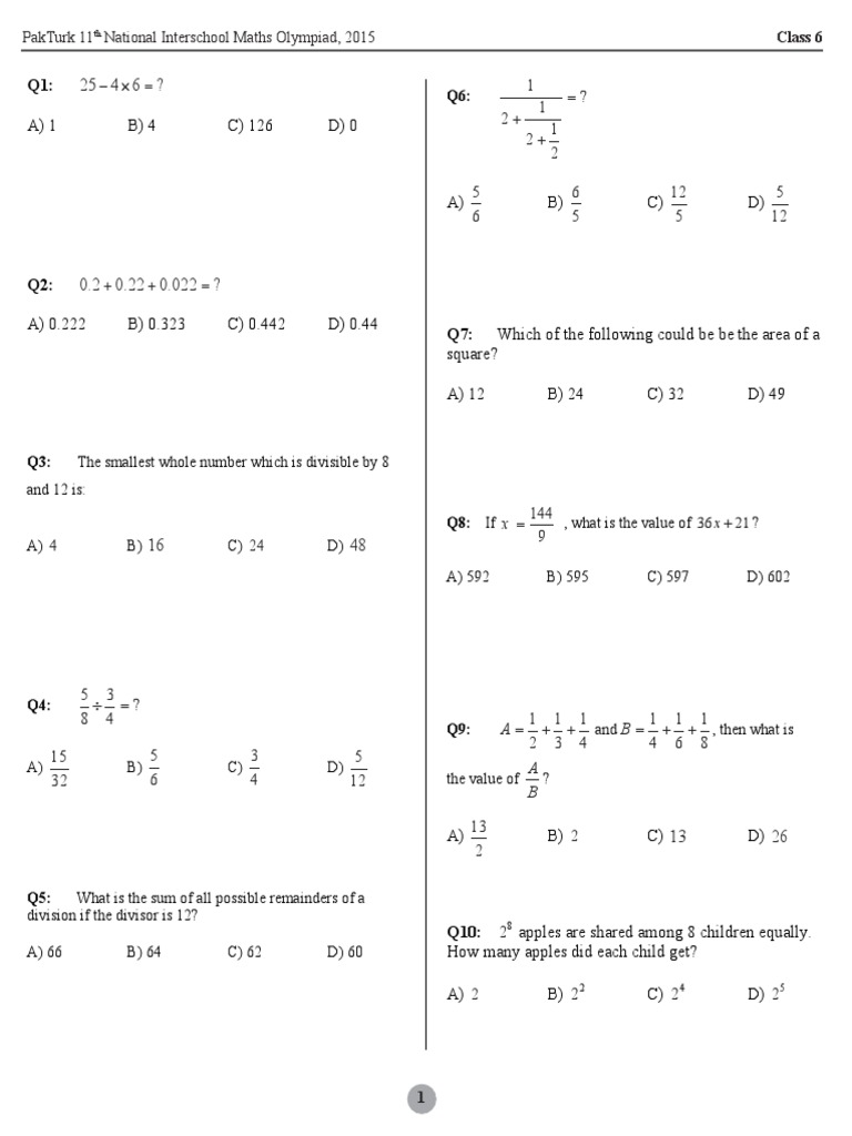 11th ISMO Class 6 Question Paper | PDF | Area | Elementary Mathematics