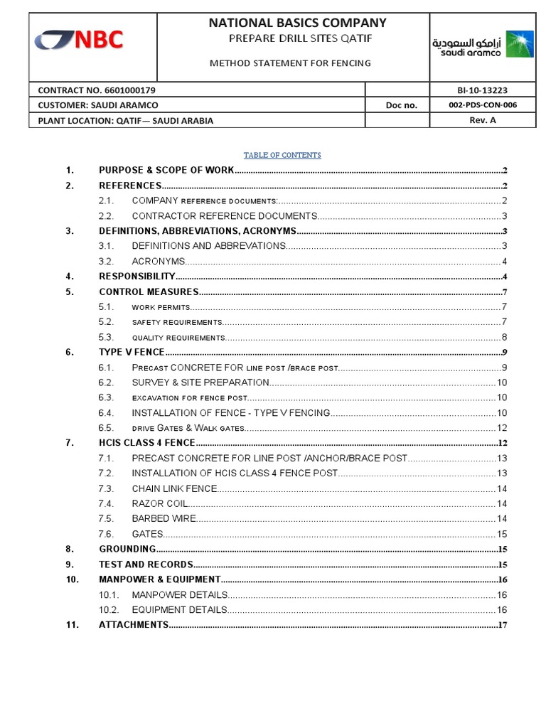 002-PDS-CON-006 Method Statement For Fencing | PDF | Concrete | Safety