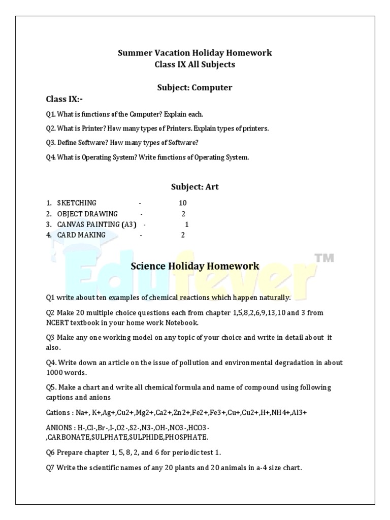 Summar Season Holiday Homework | PDF | Chemistry