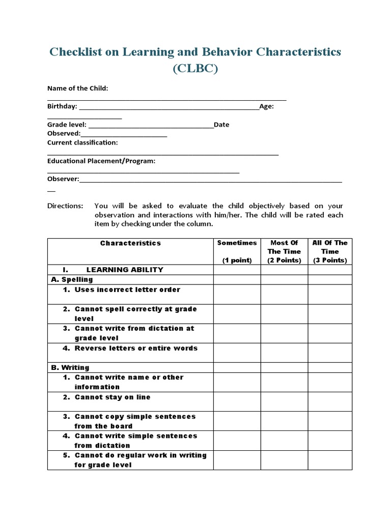 Checklist On Learning and Behavior Characteristics | PDF | Attention ...