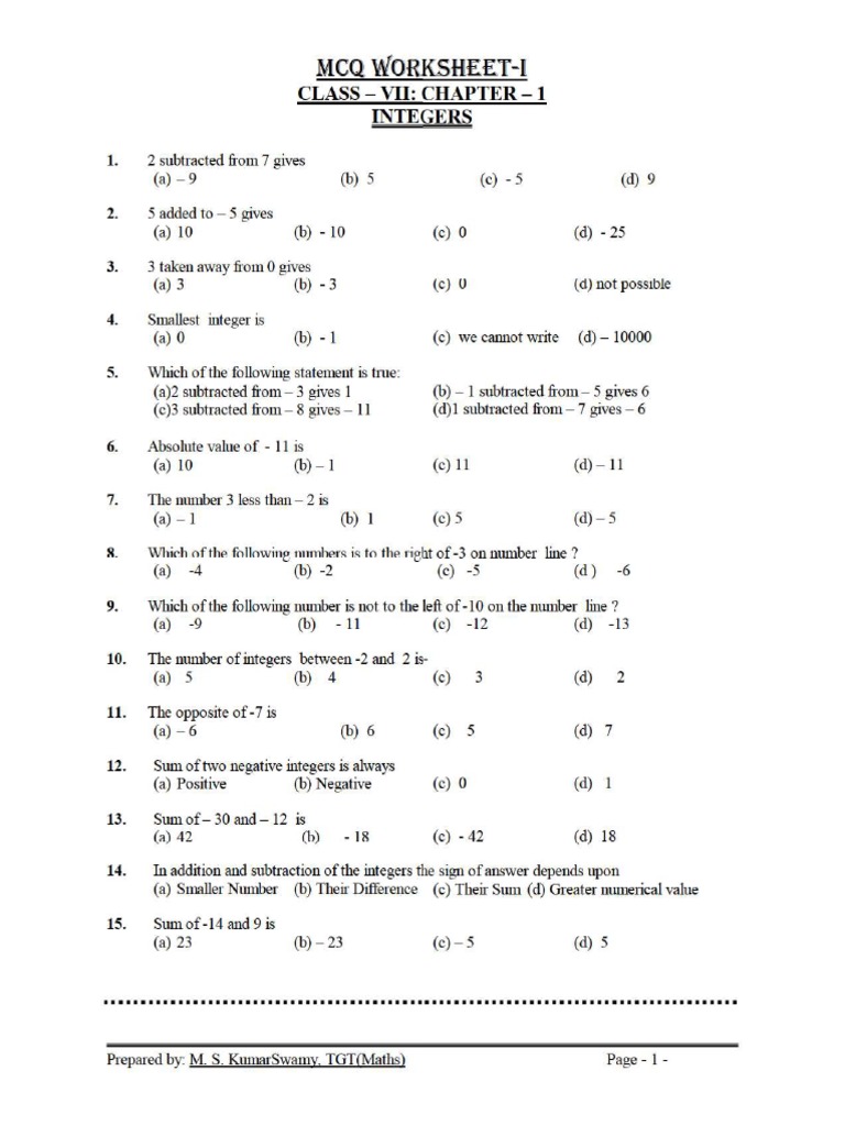 7th Maths - Integers | PDF