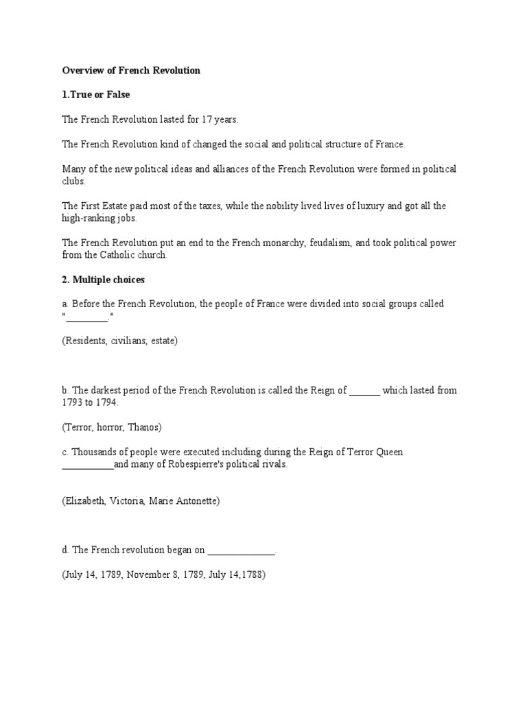 French Revolution Overview and Quiz | PDF | French Revolution | France
