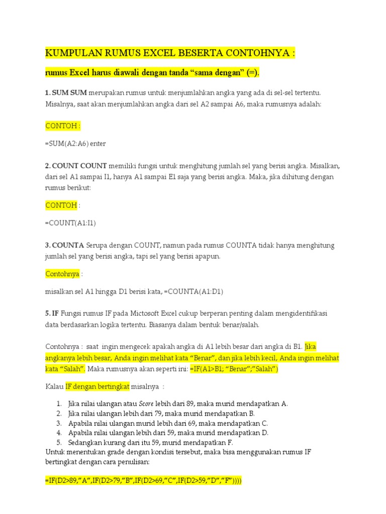 Kumpulan Rumus Excel Beserta Contohnya | PDF