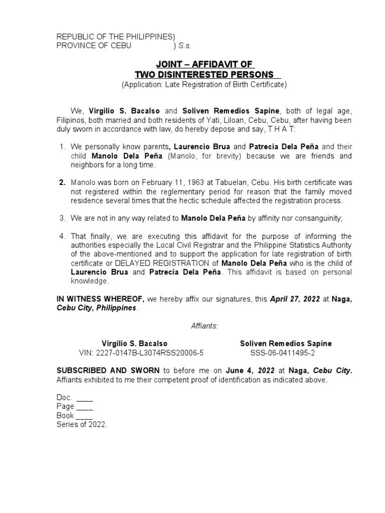 Affidavit of Two Disinterested Persons (For Delayed Birth Cert) | PDF