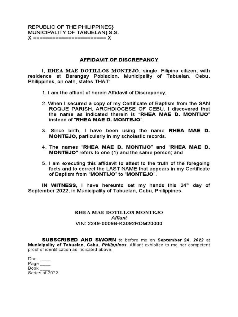 Affidavit of Discrepancy Baptismal Certificate Doc RHEA MAE | PDF