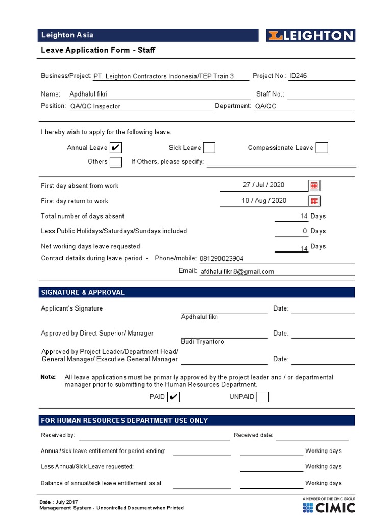 Leighton Asia Staff Leave Application Form | PDF