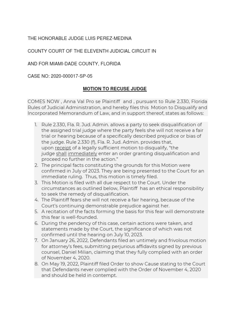 Motion To Recuse Judge Perez Medina | PDF | Burden Of Proof (Law ... Motion To Recuse Judge Perez Medina | PDF | Burden Of Proof (Law ...