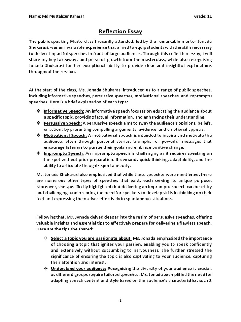 MD Mustafizur Rahman - Reflection Essay (Public Speaking) | Download ...