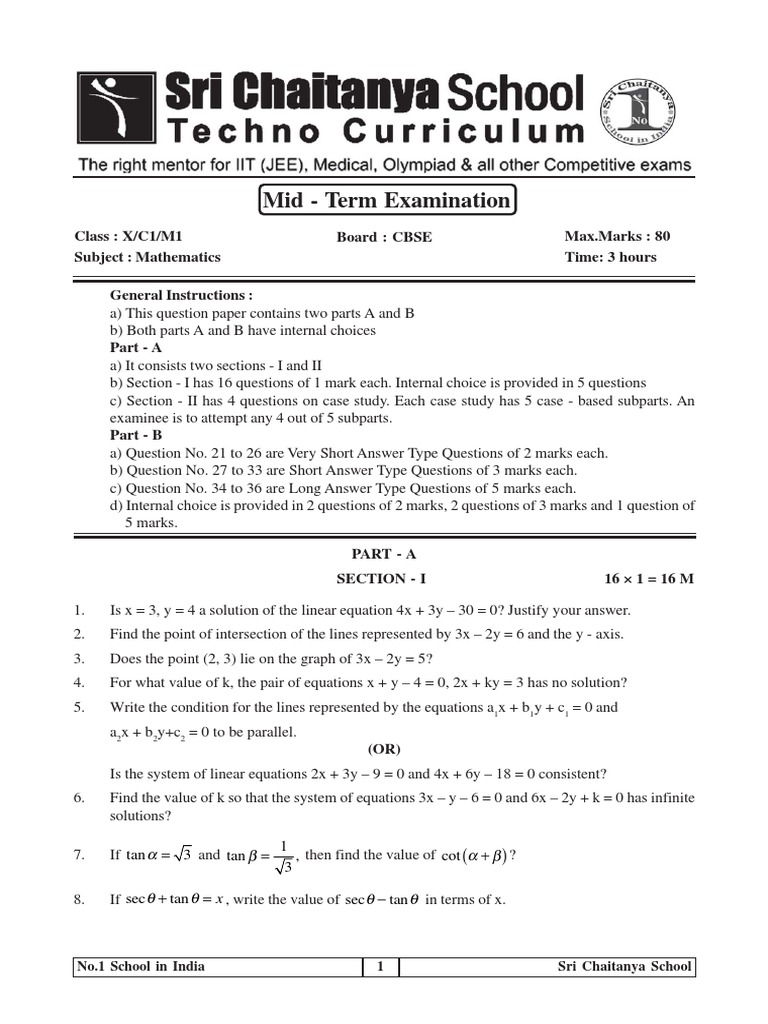 X - Cbse Maths Pre-Mid Term Exam - Final | PDF | Equations ...