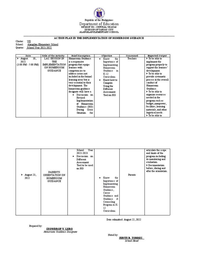 Action Plan Homeroom Guidance | PDF | Curriculum | Cognition