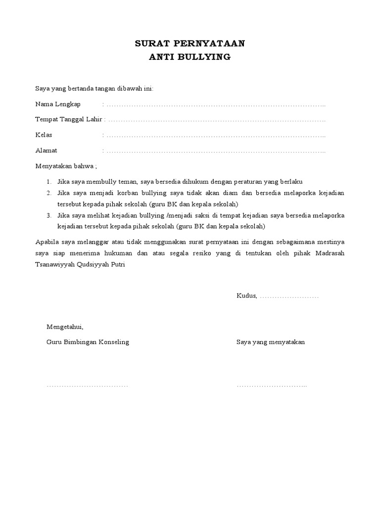 Surat Pernyataan Antibullying | PDF