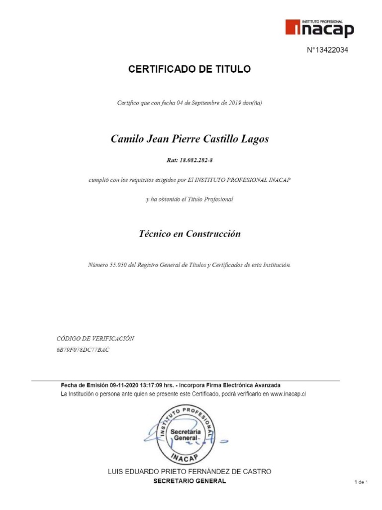 Certificado de Titulo Inacap | PDF
