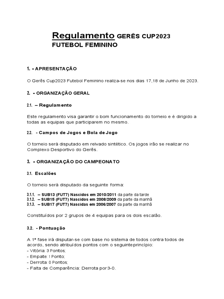 REGULAMENTO Torneio GERÊS CUP 2023 Futebol Feminino | PDF | Concorrência | Futebol