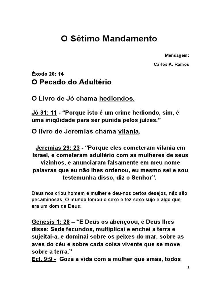 Adultério - O Sétimo Mandamento - Êxodo. 20 . 14 - Mens. Carlos A. Ramos | PDF | Adultério | Pecado