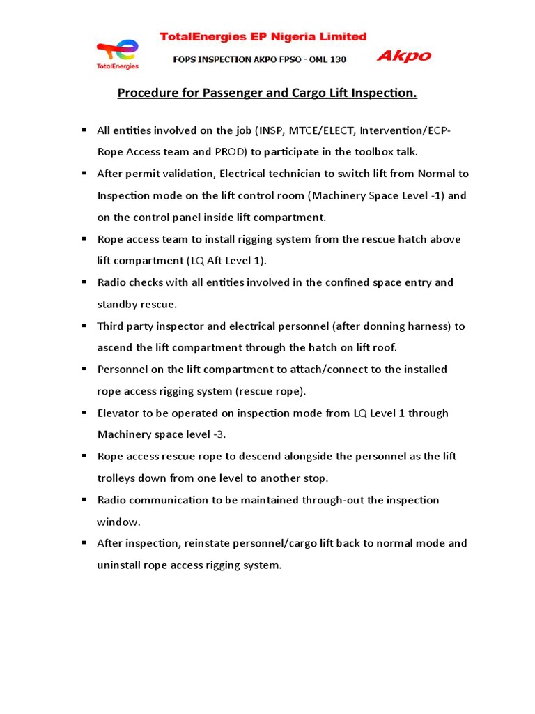 Procedure For Passenger and Cargo Lift Inspection | PDF
