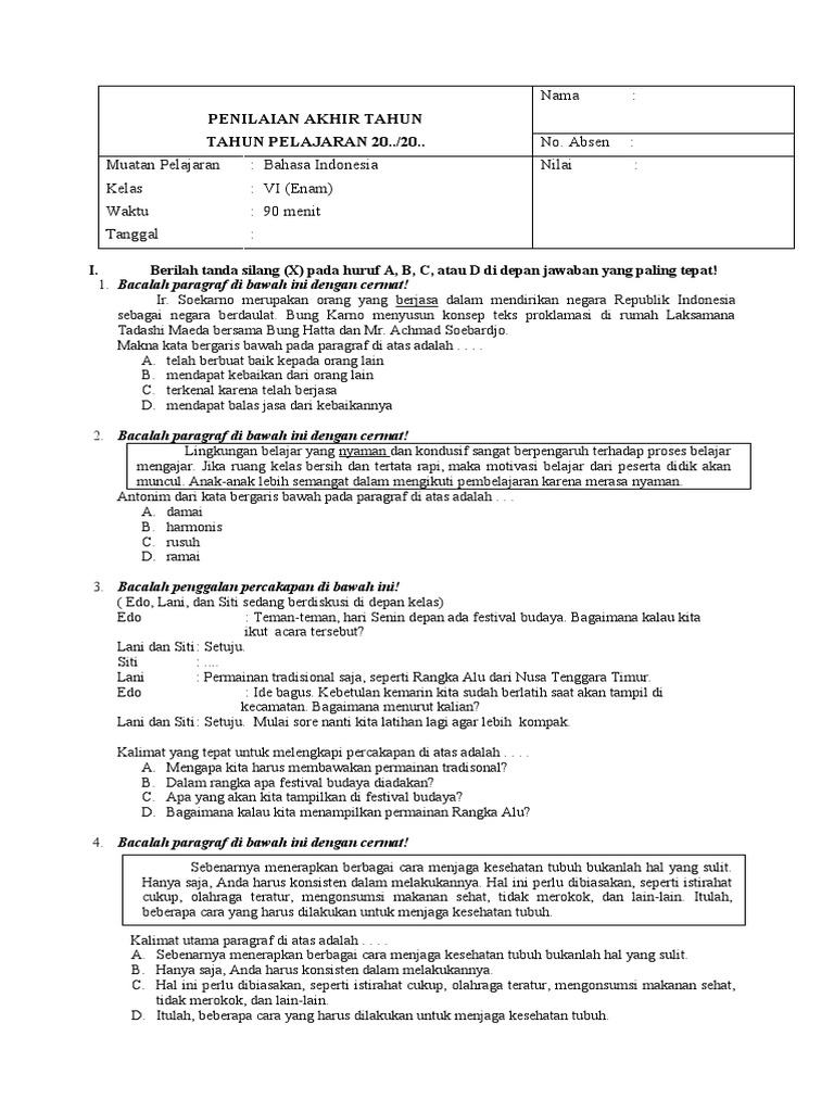 Soal PAT Kelas 6 SD - Bahasa Indonesia | PDF