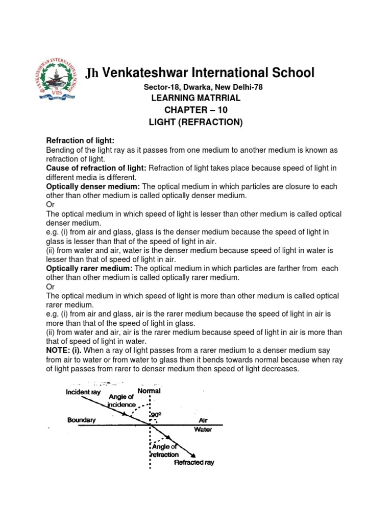 Notes of CH - 10 Light (Refraction) Class - X-1 | PDF | Refraction ...
