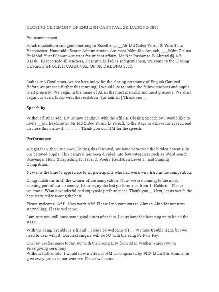 Closing Ceremony of English Carnival SK Dabong 2022 | PDF