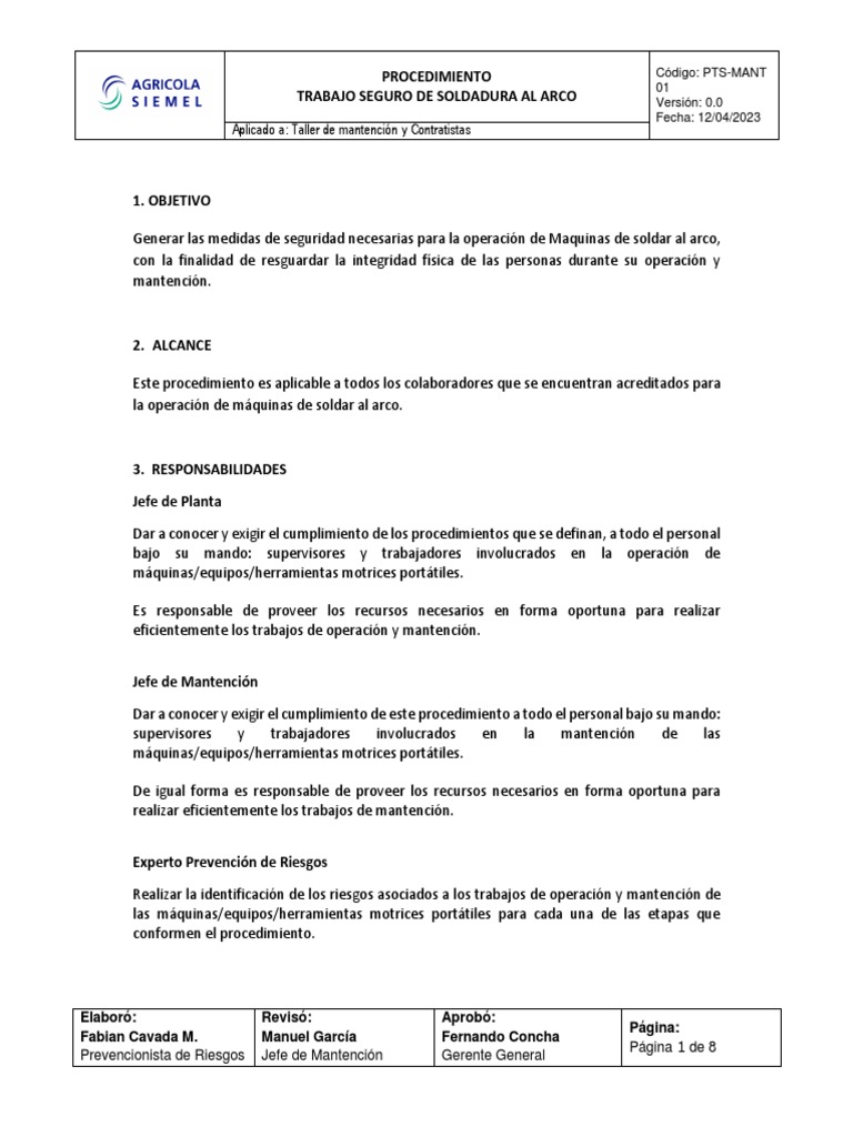 Procedimiento Seguro de Trabajo Del Soldadura Al Arco - Agricola Siemel ...