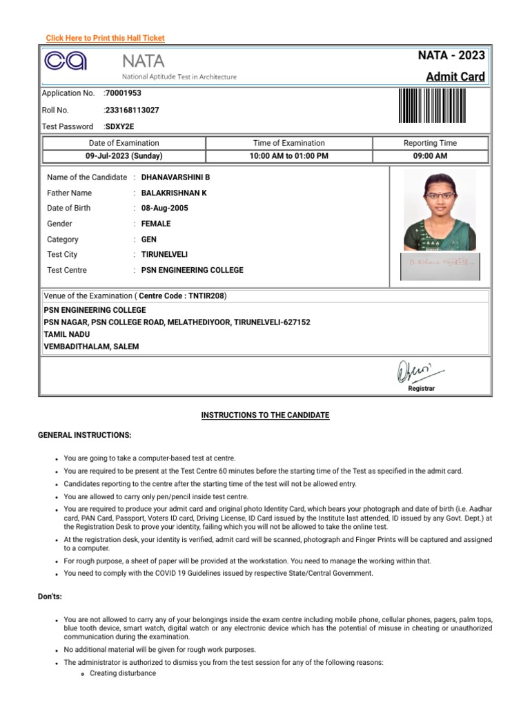 Admit Card For NATA | PDF | Identity Document | Computing