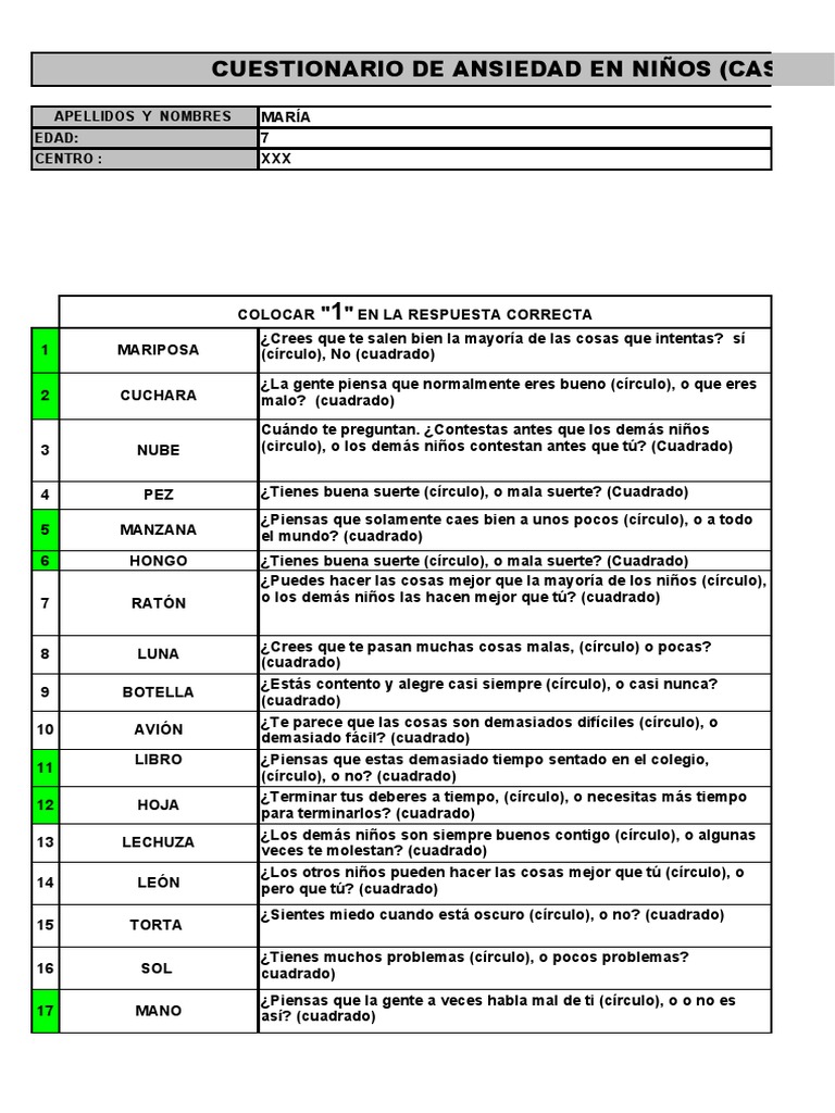Cuestionario de Ansiedad en Niños | PDF | Sicología