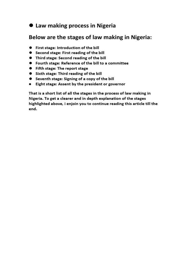 Stages of Law Making in Nigeria | PDF | Bill (Law) | United States ...