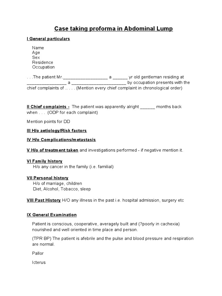 Case Taking Proforma in ABDOMINAL LUMP | PDF | Edema | Spleen