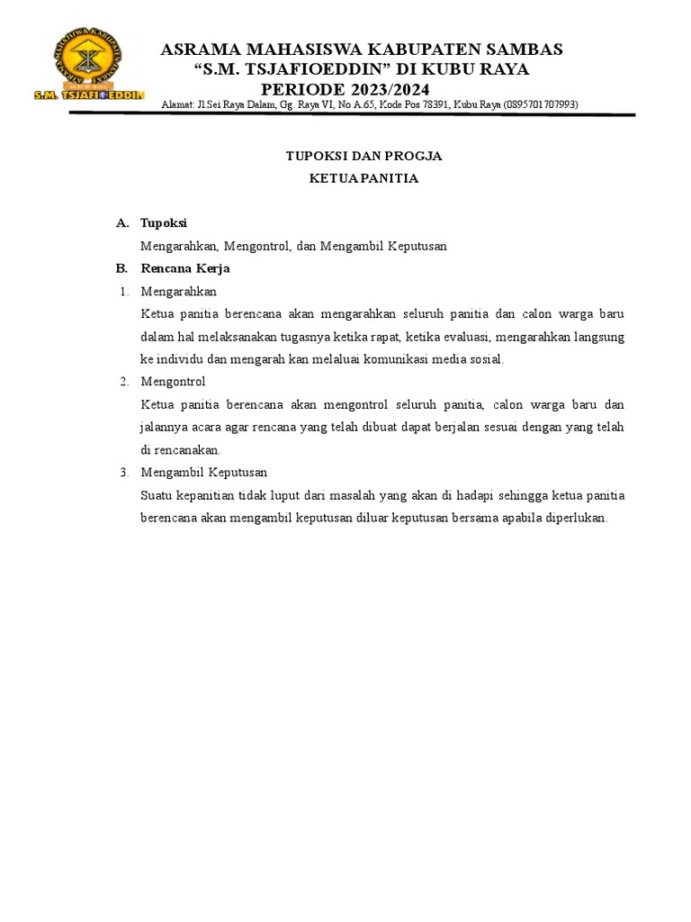 Tupoksi Dan Progja Ketua Panitia | PDF | Karier & Perkembangan