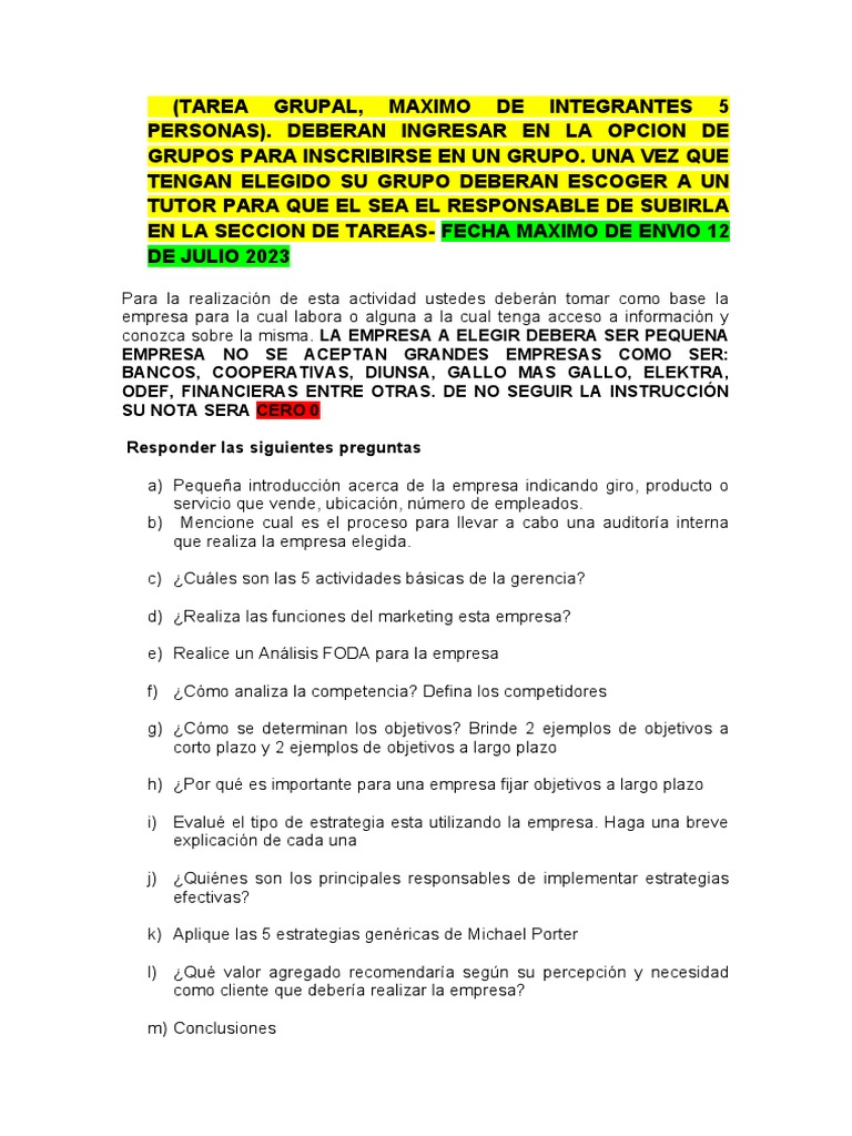 Tarea Grupal II Parcial Julio 2023 | PDF | Finanzas y administración del dinero