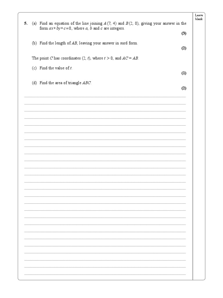 (A) Find An Equation of The Line Joining A (7, 4) and B (2, 0), Giving ...