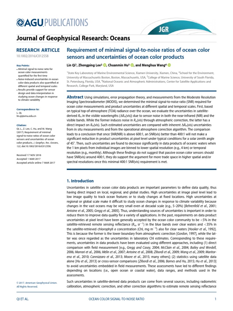2017 Requirement Of Minimal Signal To Noise Ratios Of Ocean Color