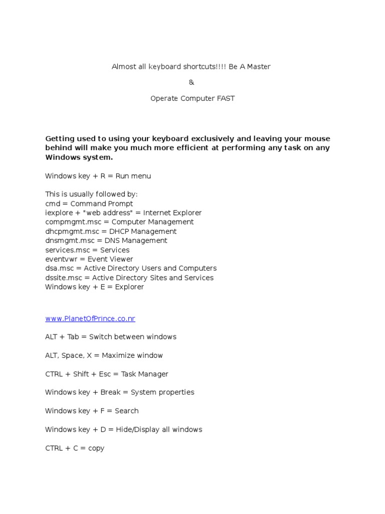 Keyboard Shortcuts 1000+ | PDF | Computer Keyboard | Menu (Computing)